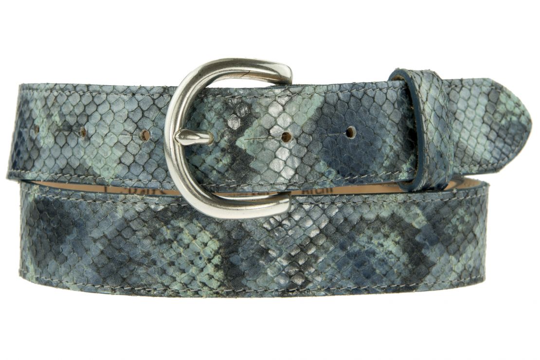 Ladies Blue Snakeskin Print Leather Belt (Width: 30mm) - Peachy Belts